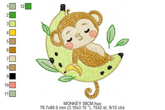 Sleeping Monkey embroidery designs - Animal Monkey with banana embroid ...
