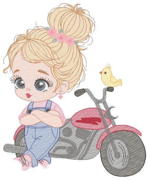 Girl with bike embroidery designs - Motorcycle embroidery design machi ...