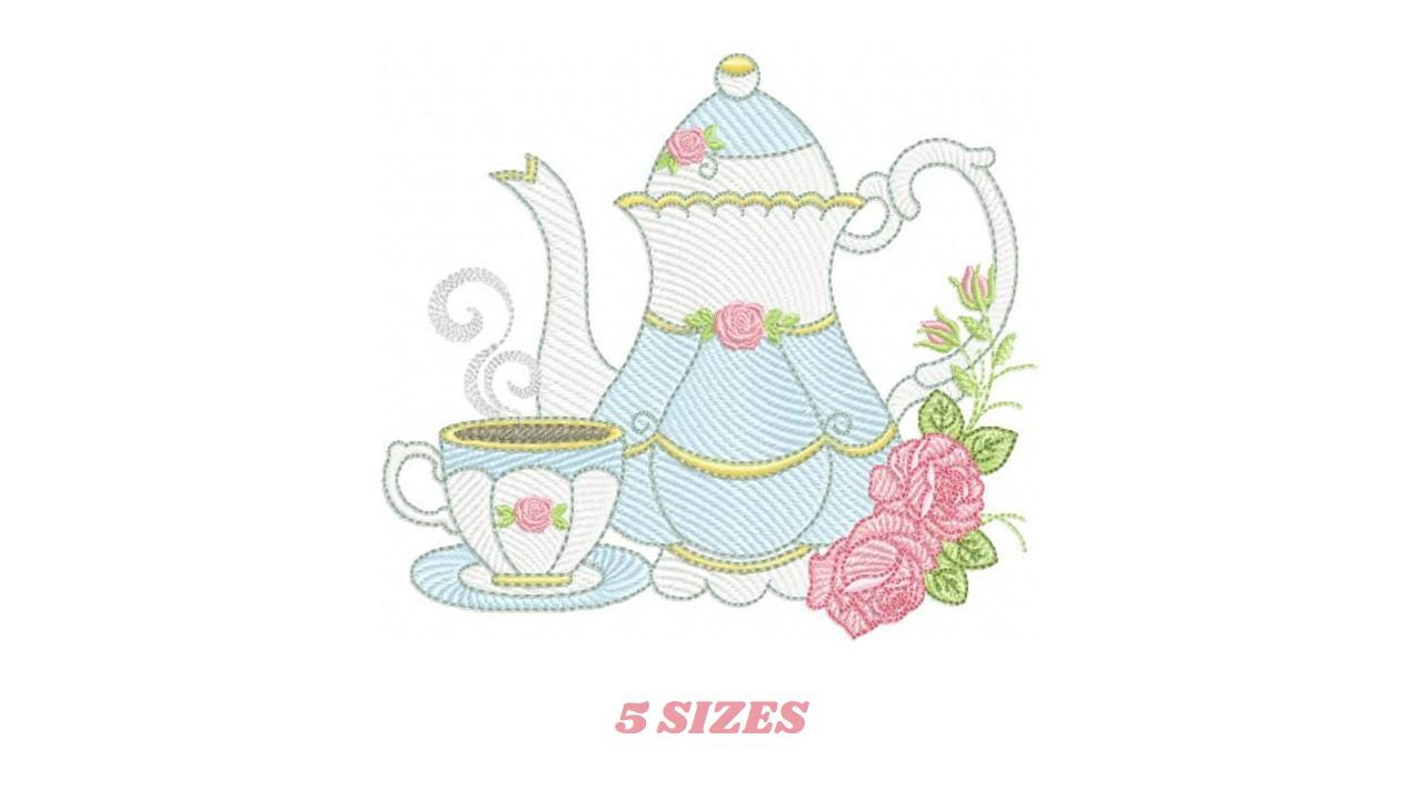 Teapot wih roses embroidery design - Cup with flowers embroidery ...