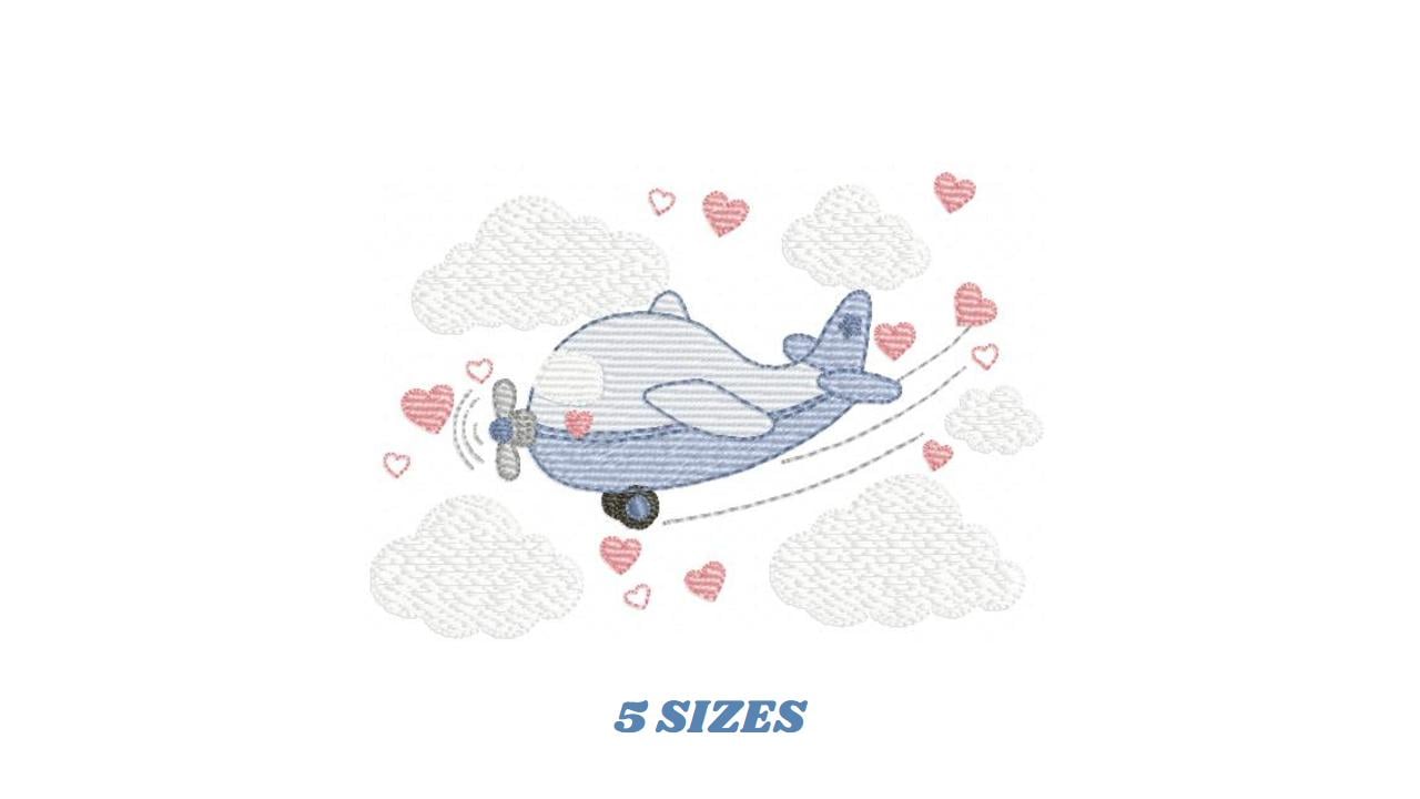 Plane embroidery designs - Airplane with clouds and hearts machine emb ...