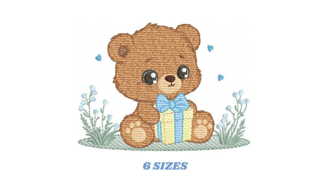 Birthday Teddy Bear embroidery designs - Baby boy Bear with gift machi ...