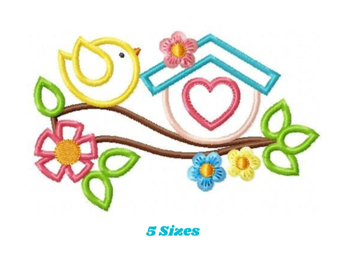 Birdhouse with flowers embroidery designs - Tree Bird applique embroid ...