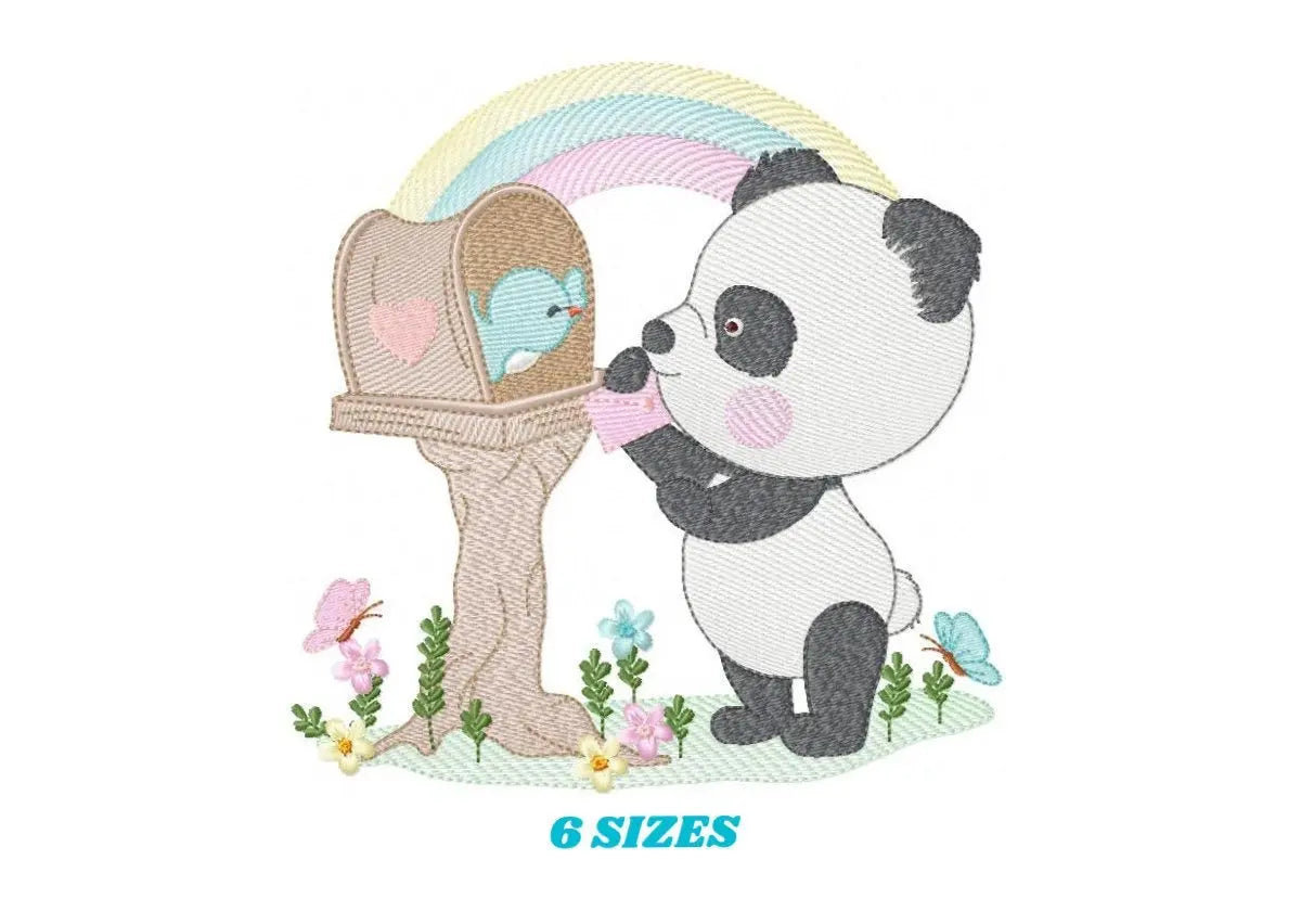 Panda with mailbox embroidery design - Animal with rainbow machine emb ...